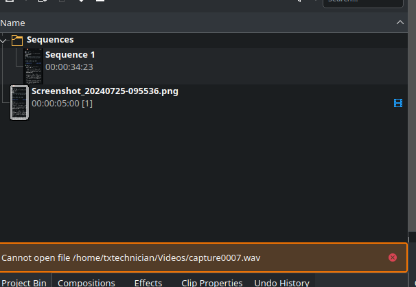 I'm unable to capture audio. I get the message " cannot open file ~/....../capture0007.wav ...